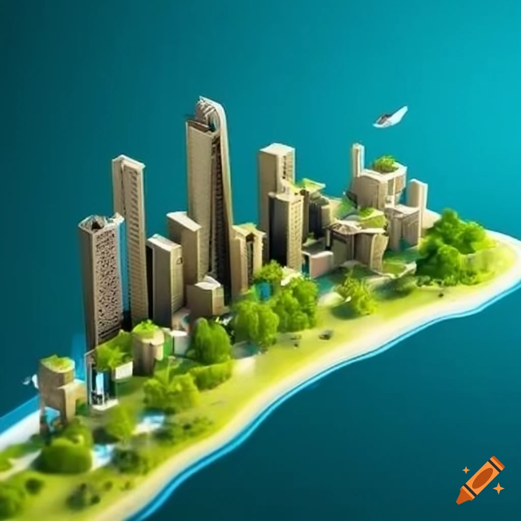 Green city model with sustainable elements like parks and renewable ...