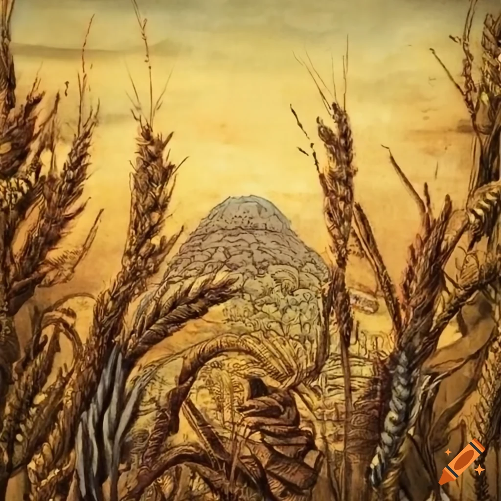 Medieval manuscript of a ripened wheat amaranth field with intricate ...