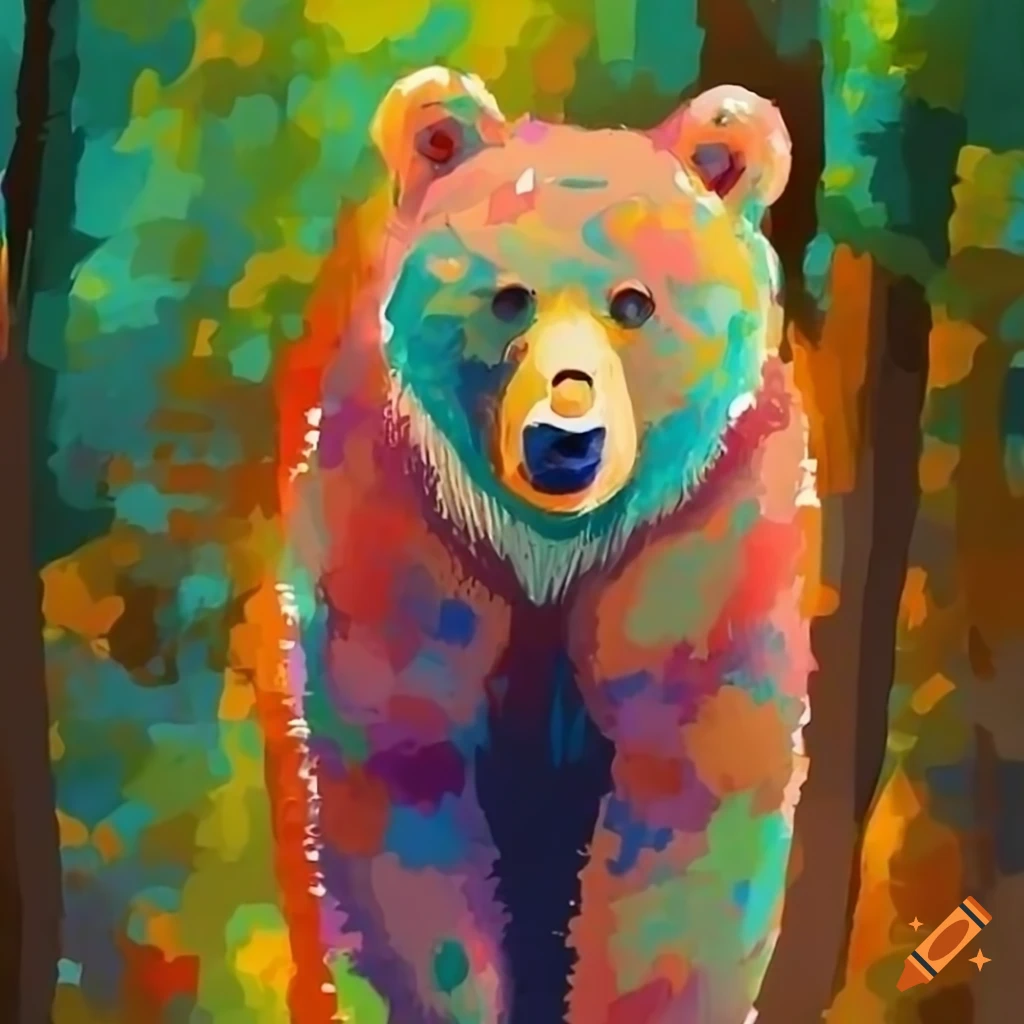 Abstract bear in a colorful forest with a confused expression on Craiyon