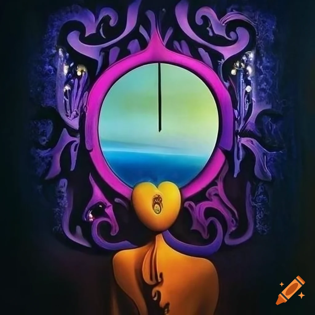 Melting ornate mirror frames transitioning into a dark rainbow forest ...