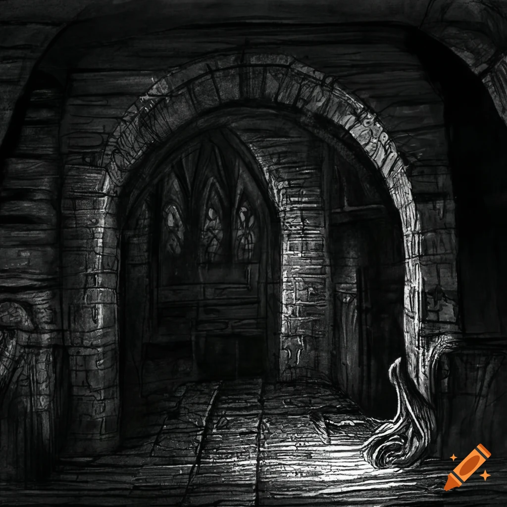 Medieval gothic basement in a scratch drawing on Craiyon