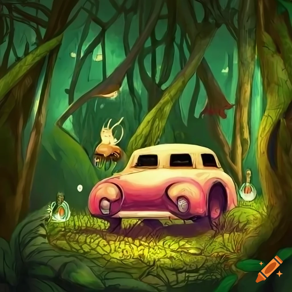 Whimsical fantasy car in a dense jungle with forest creatures on Craiyon