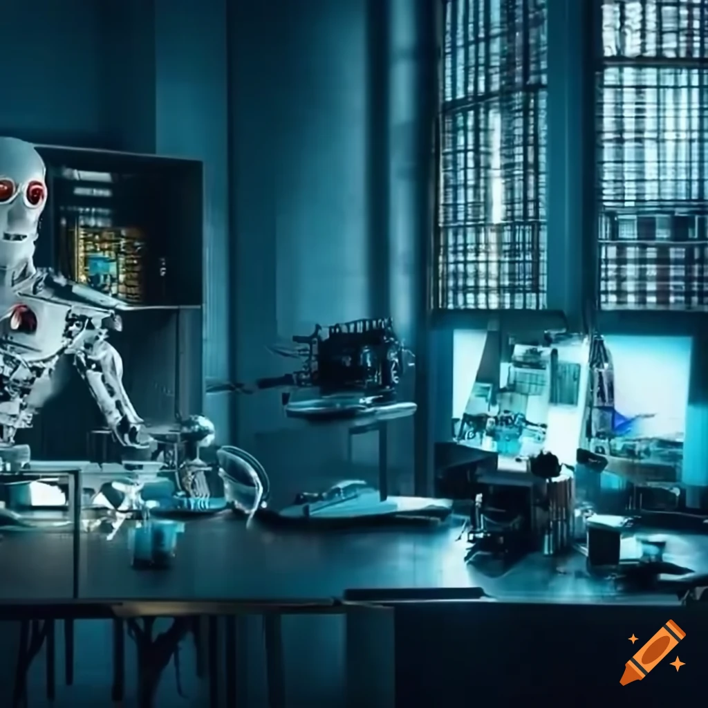 Futuristic dystopian workplace with mechanical AI and terminator ...