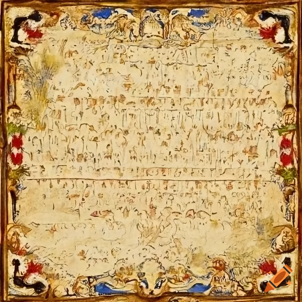 Intricately crafted medieval manuscript with ripened wheat field and ...
