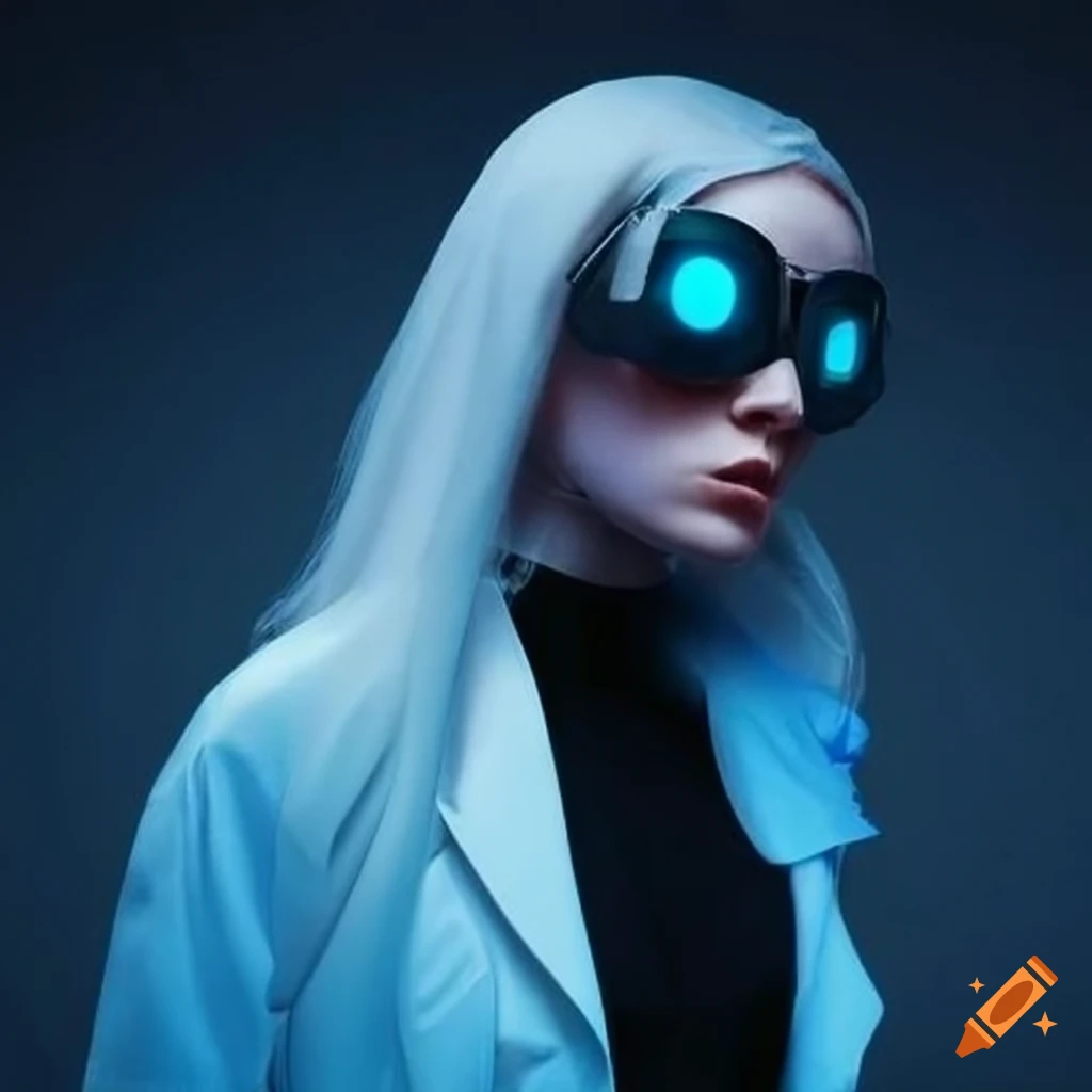 Modern and futuristic scientist in chic lab coat and avant-garde goggles on Craiyon