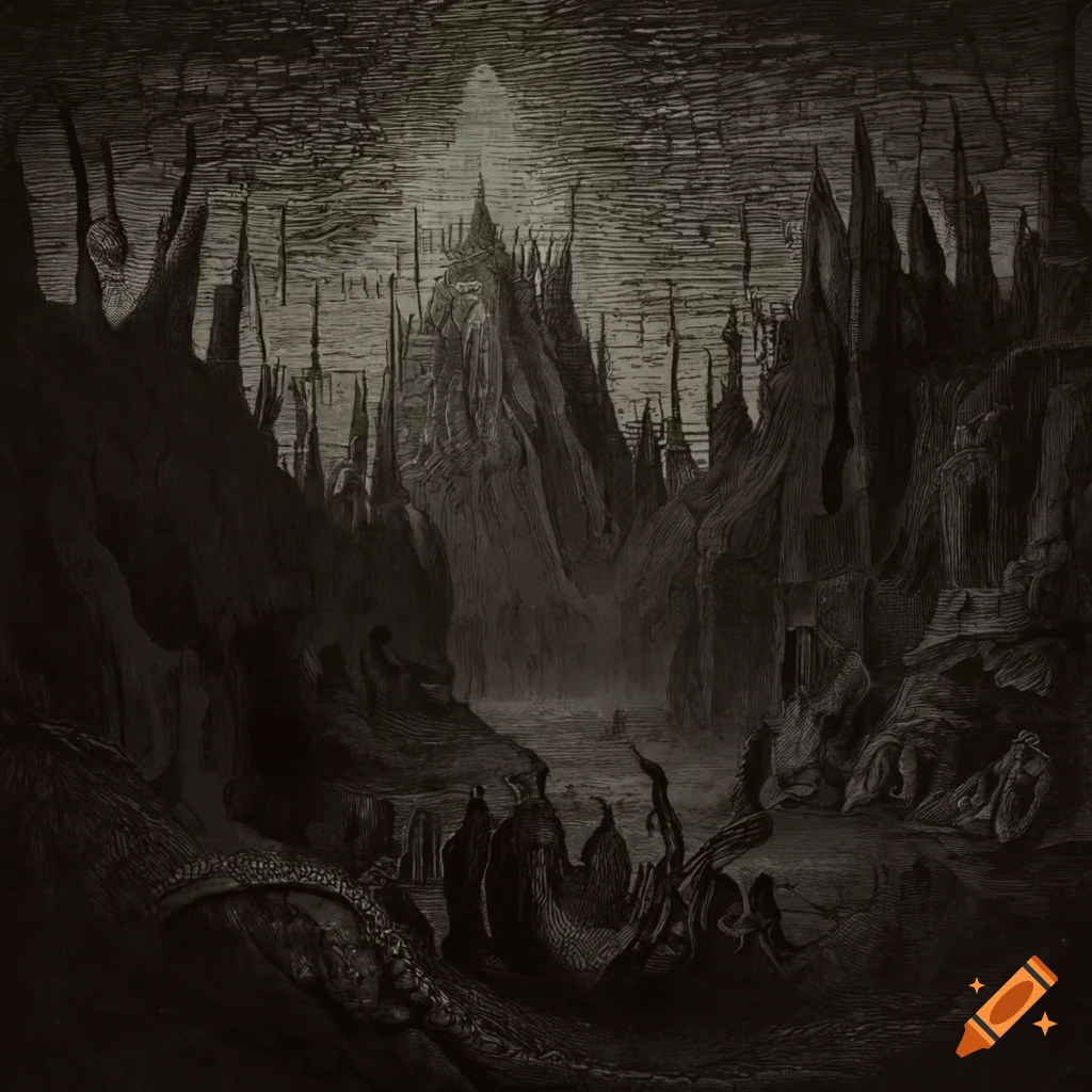 Dark myceliums in Hell abyss Castle Gustave dore black on Craiyon