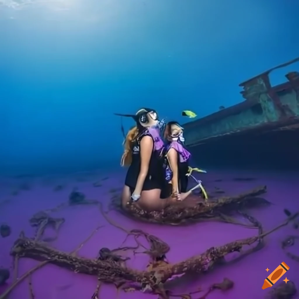 Three women exploring a magical underwater scene with marine life in a ...