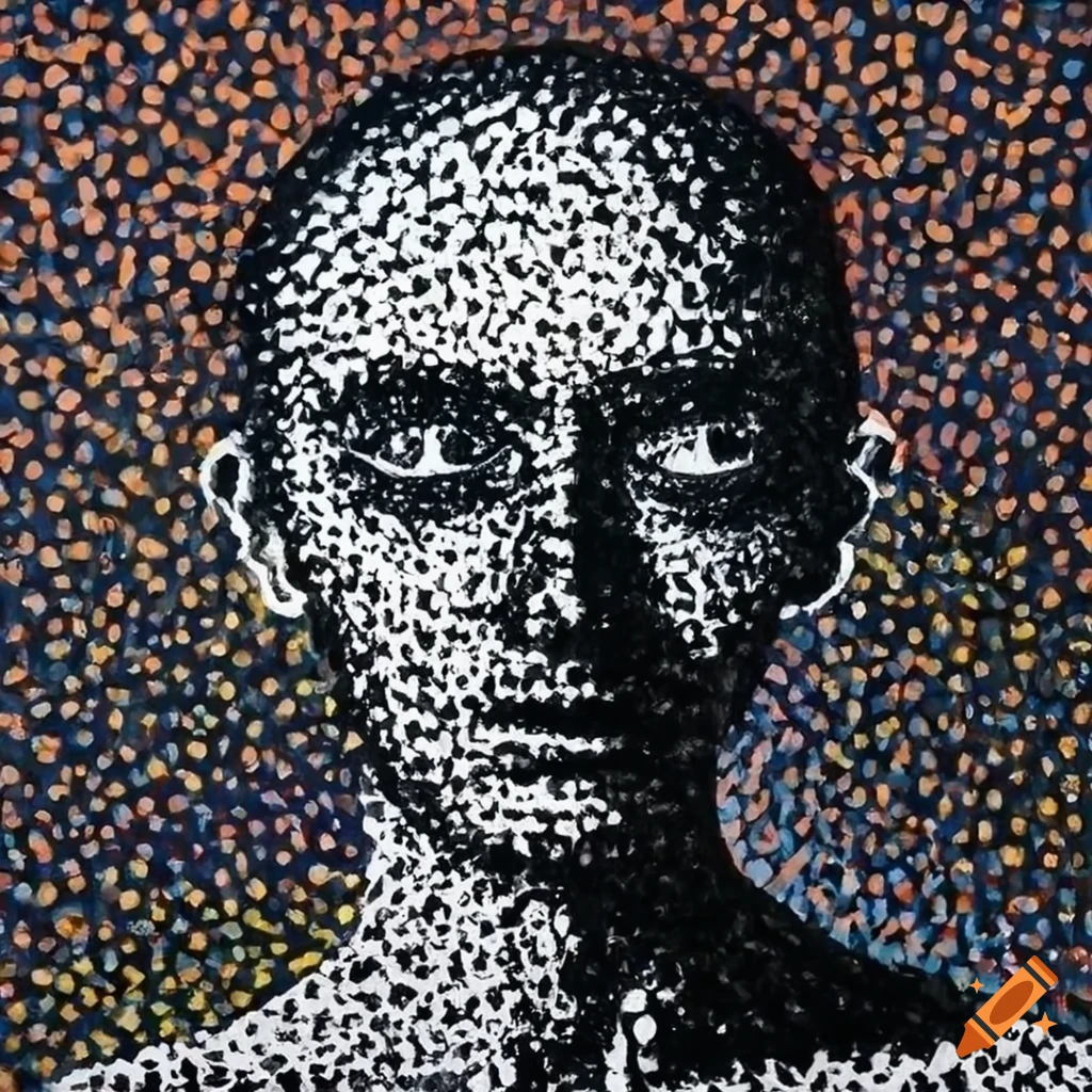 Man in the middle of a surreal pointillism painting with contrasting ...