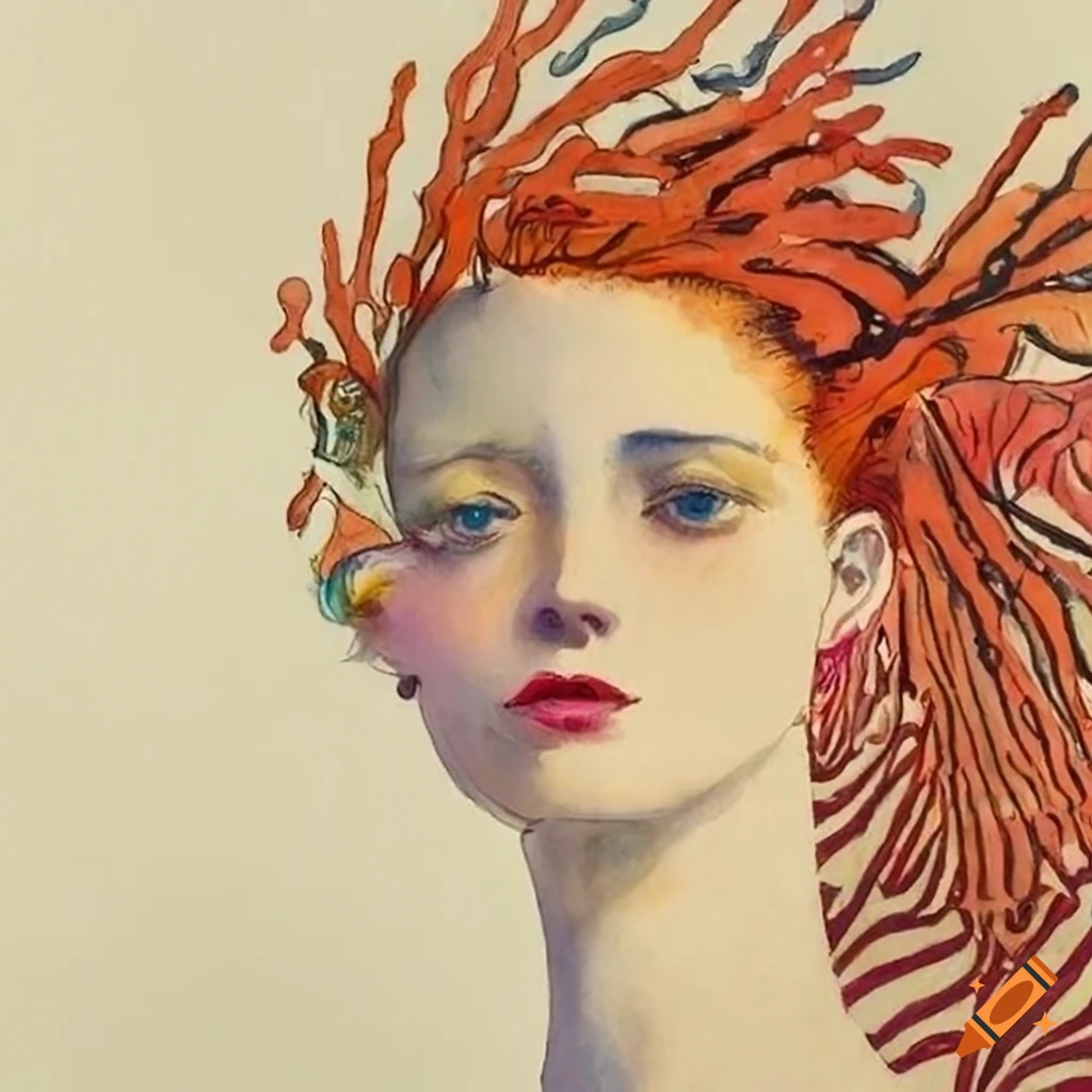 Noble lady portrait with coral and fish in her hair in a fashion ...