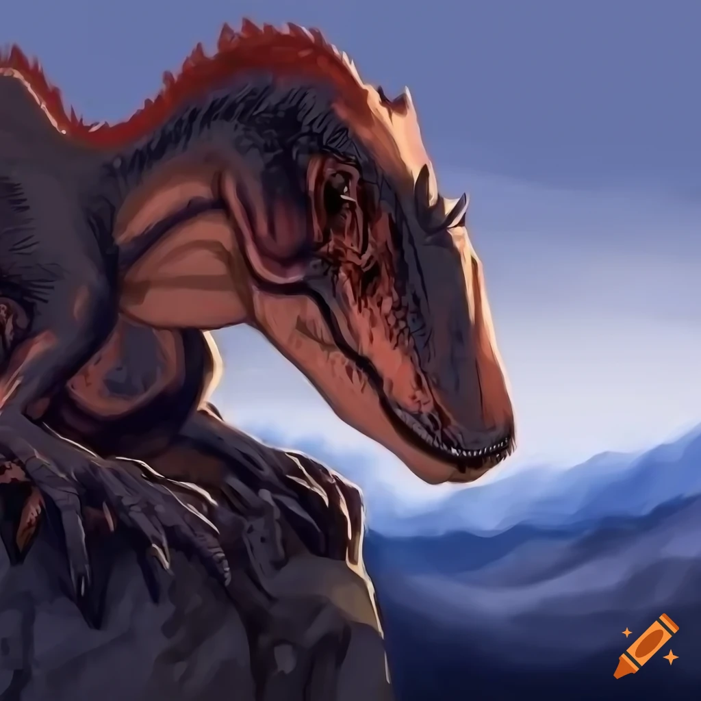 Prehistoric allosaurus-spinosaurus hybrid roaring on a rocky cliff with ...