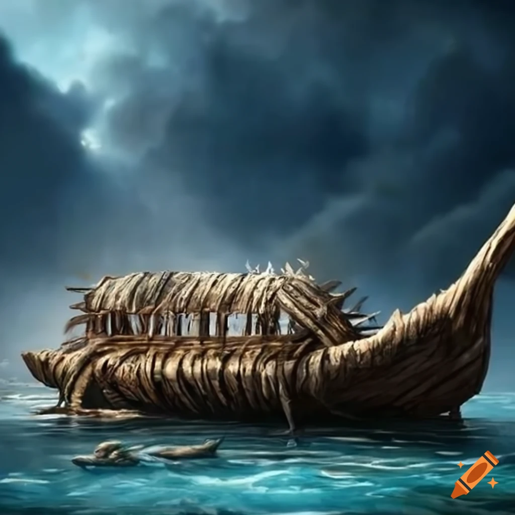 Realistic prehistoric log raft ark in a storm at sea on Craiyon