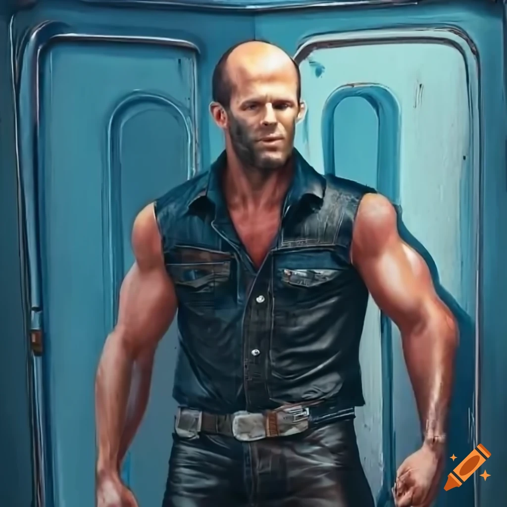 Young man resembling British actor Jason Statham in outlaw biker style ...