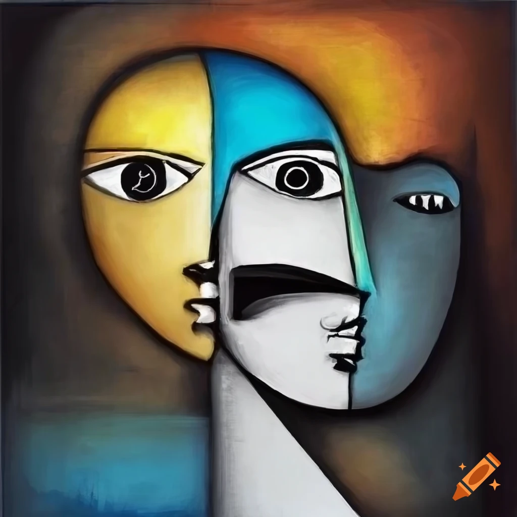 Cubist, picasso-esque, expressionist, surreal monochrome gray and blue ...