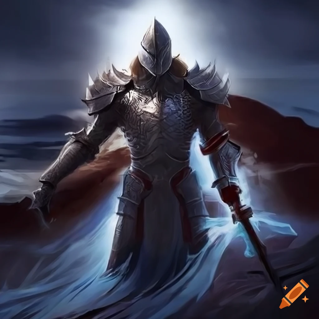 Powerful knight in a fantasy world against a wave background on Craiyon