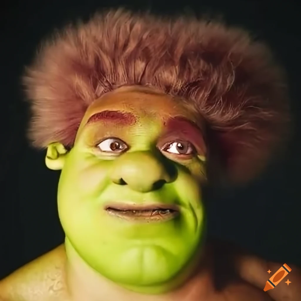 Cursed 80s buff shrek meme with crazy eyes on Craiyon