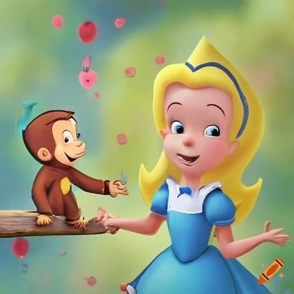Whimsical crossover scene with Alice from Wonderland and Curious George ...