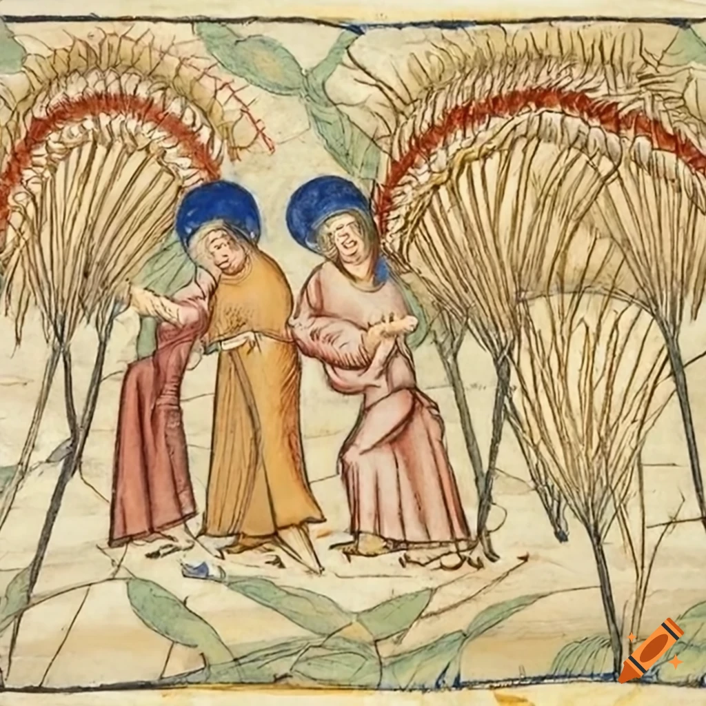 Intricately detailed medieval painting of barley fields in the wind on ...