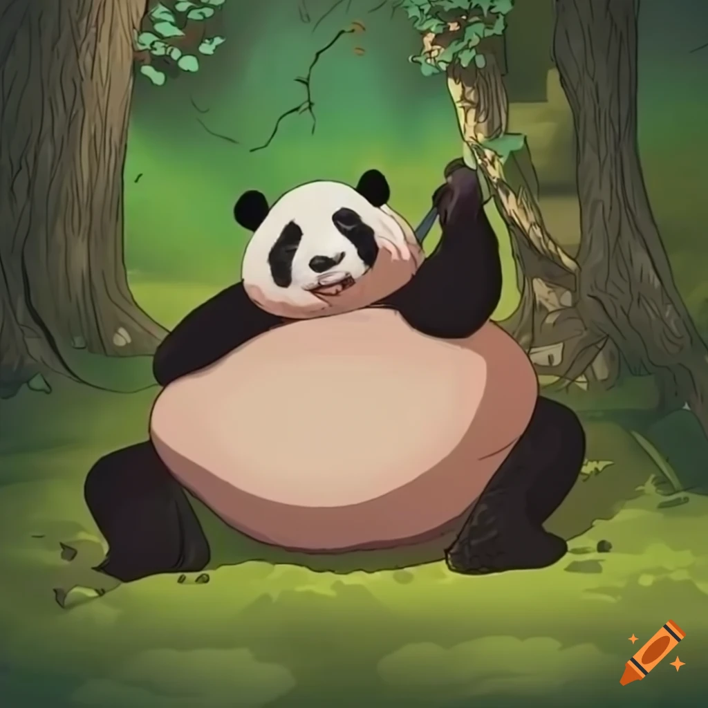 Muscular panda relaxing under a tree patting its belly on Craiyon