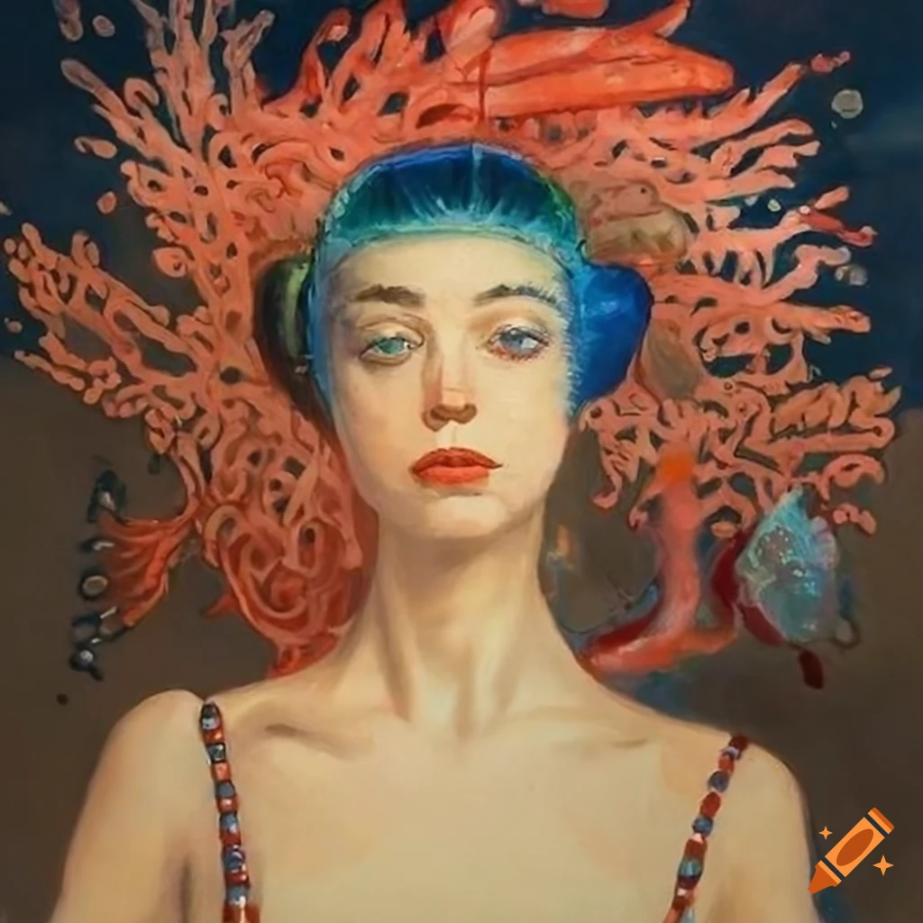 Portrait of a noble native lady with coral, fish, and seashells in a ...