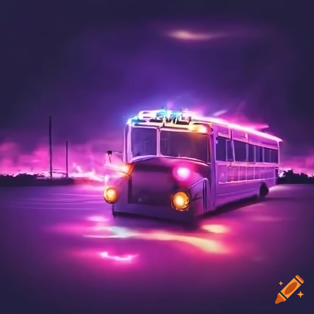 Party bus with lights and 'party bus' destination sign on a road with ...