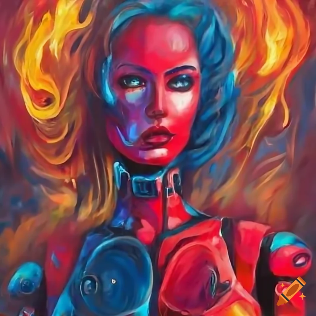 Red female robot in a volcanic sci-fi environment with fiery features ...