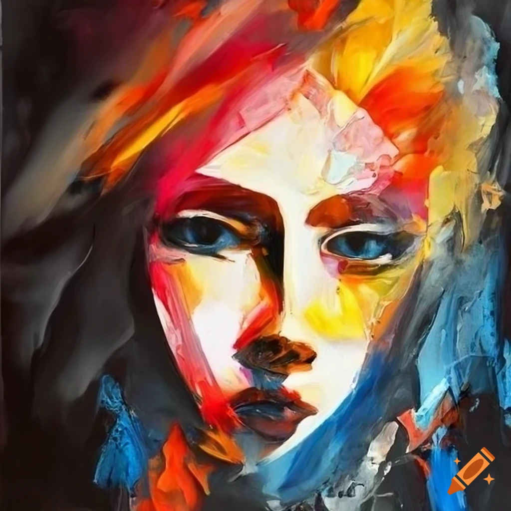 Abstract geometric girl face with fire and water elements in zao wou-ki ...