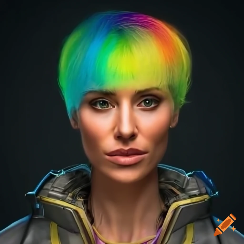 Futuristic 30-year-old woman with short yellow hair and athletic build ...