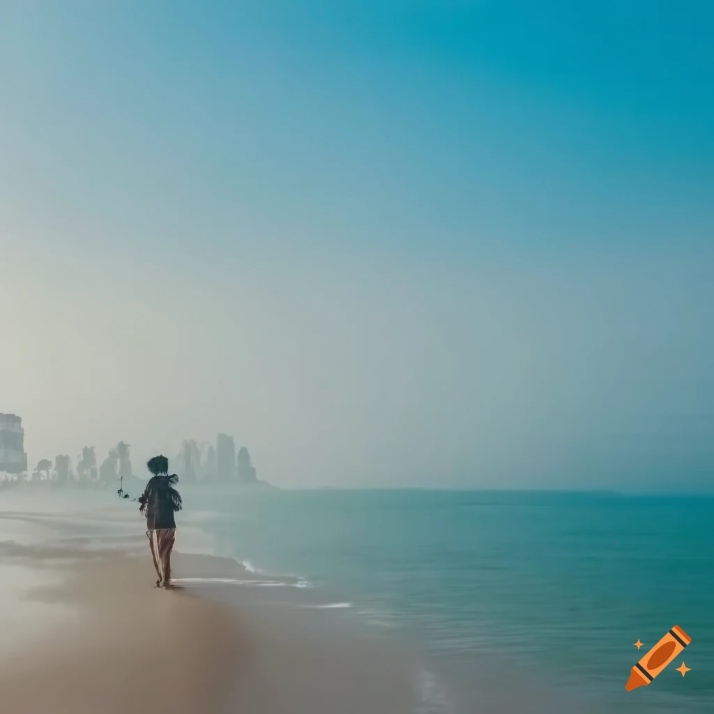 Hua Hin beach covered in dense smog with people wearing masks on Craiyon