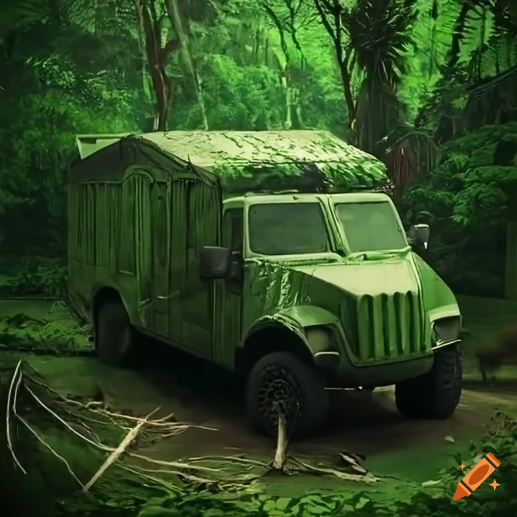 Armored van covered with a net in a surreal green jungle on Craiyon