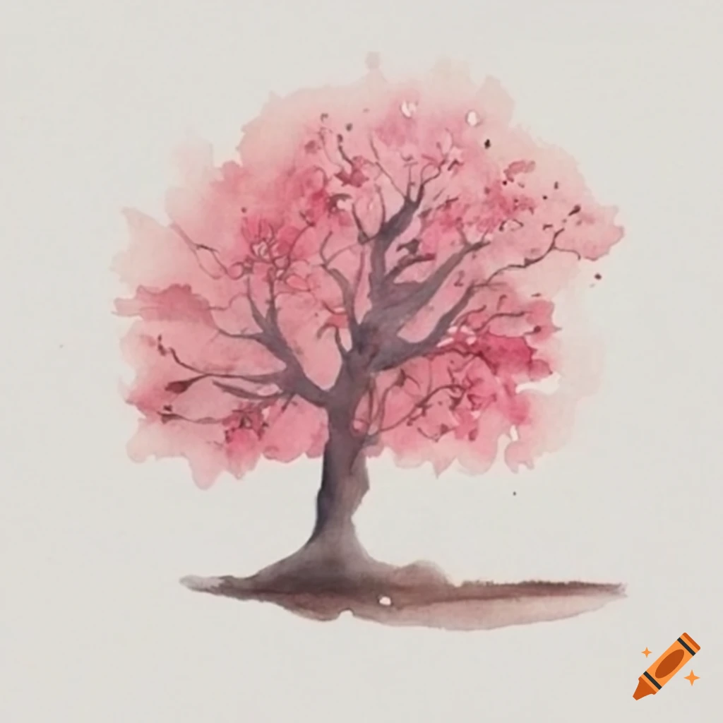 Single tree with pink blossom leaves in a painting on Craiyon