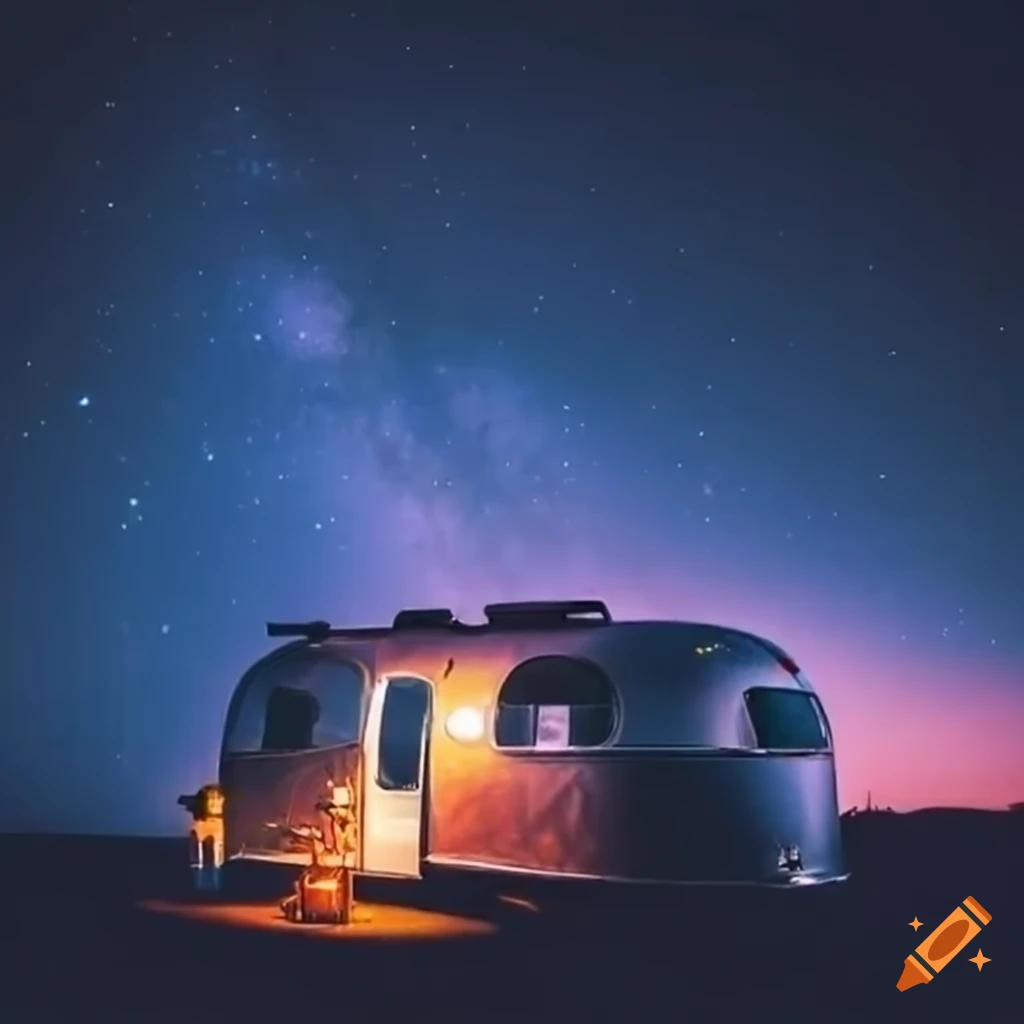 Cozy airstream campsite under a starry night sky on Craiyon
