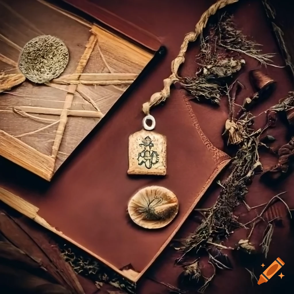 Runic amulets on a spell-book with dried herbs and papers on Craiyon