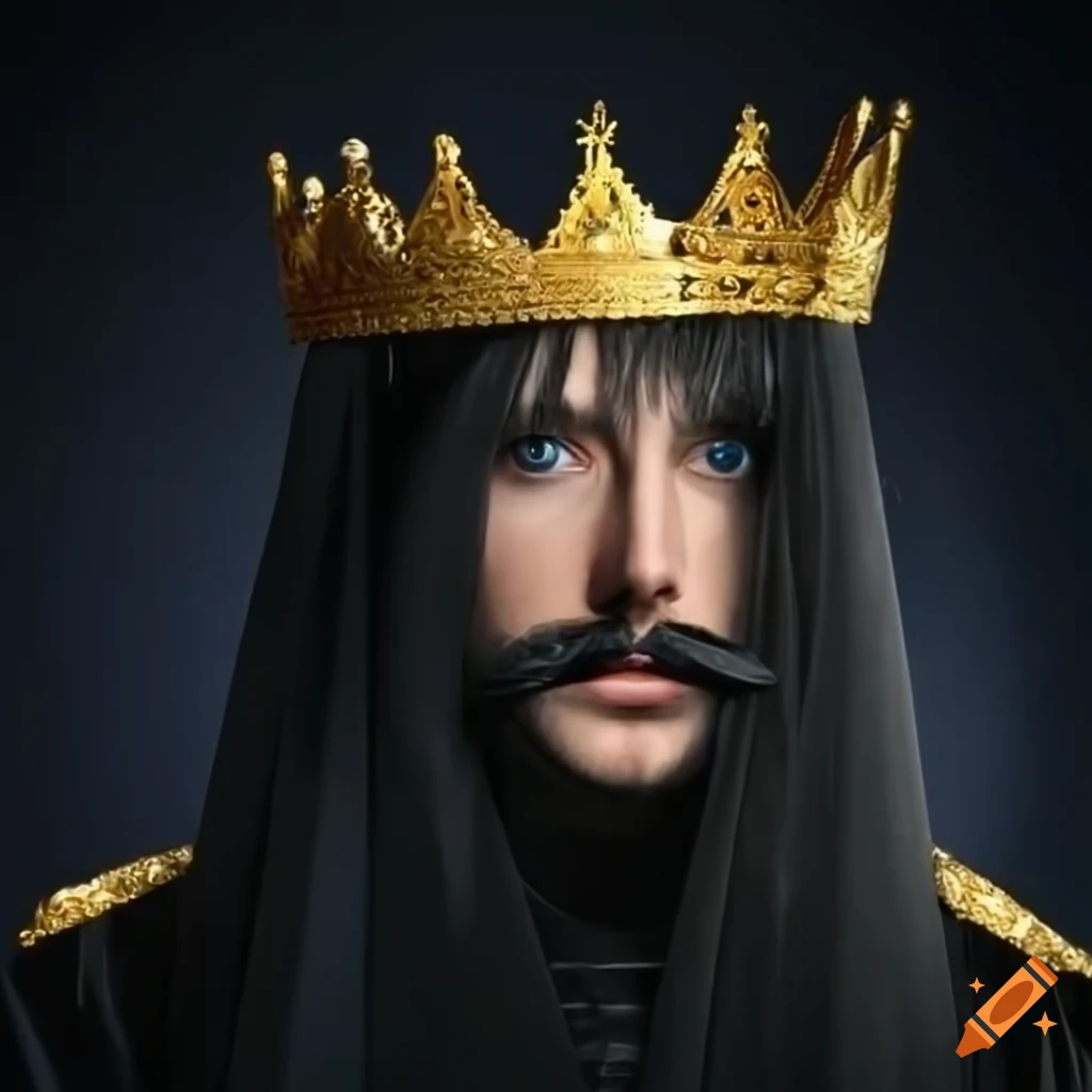 Young handsome king with long black hair and blue eyes on a throne ...