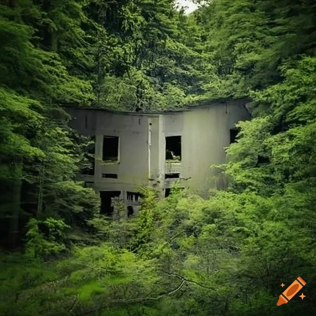 Abandoned overgrown nuclear power plant in a forest captured from a ...