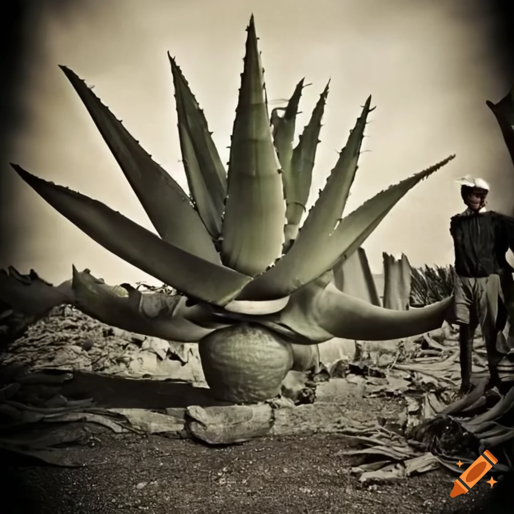 Man posing near gigantic aloe plant in old photograph on Craiyon