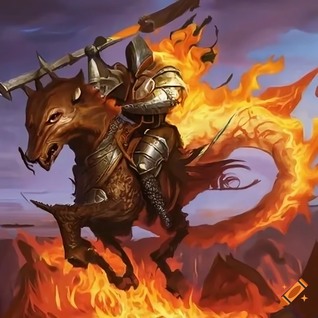 Knight riding a fiery War Elemental fire hound with a raised holy mace ...