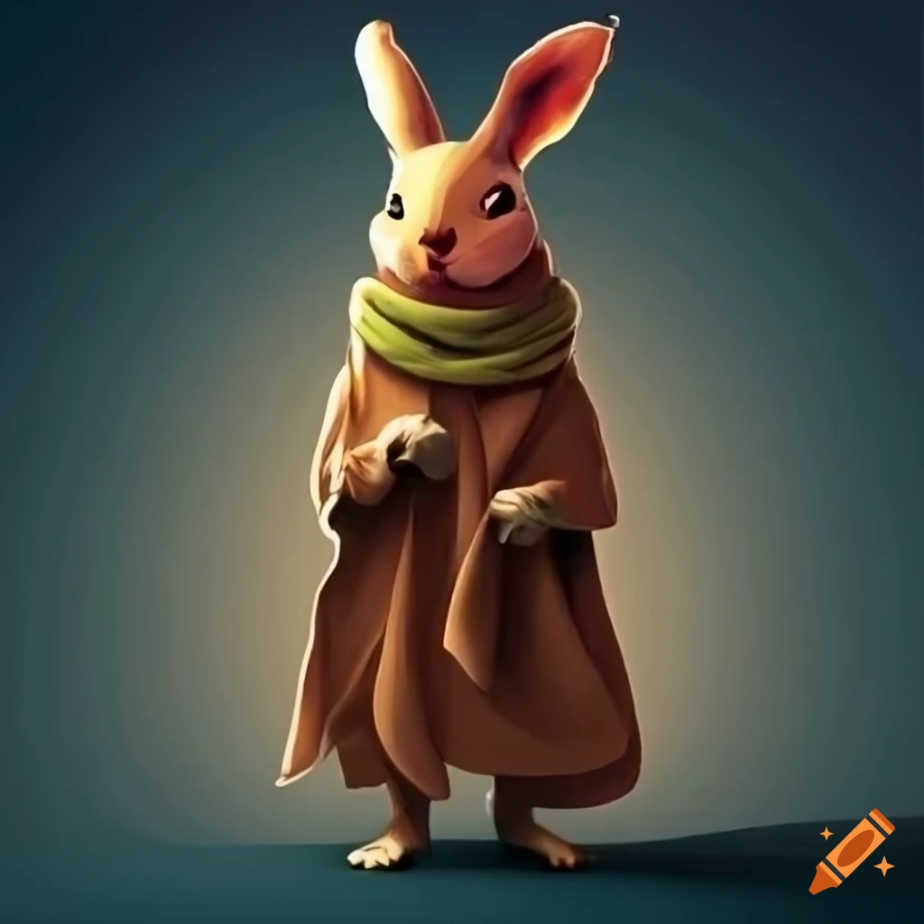 Humanoid desert rabbit wearing cloak and scarf on Craiyon