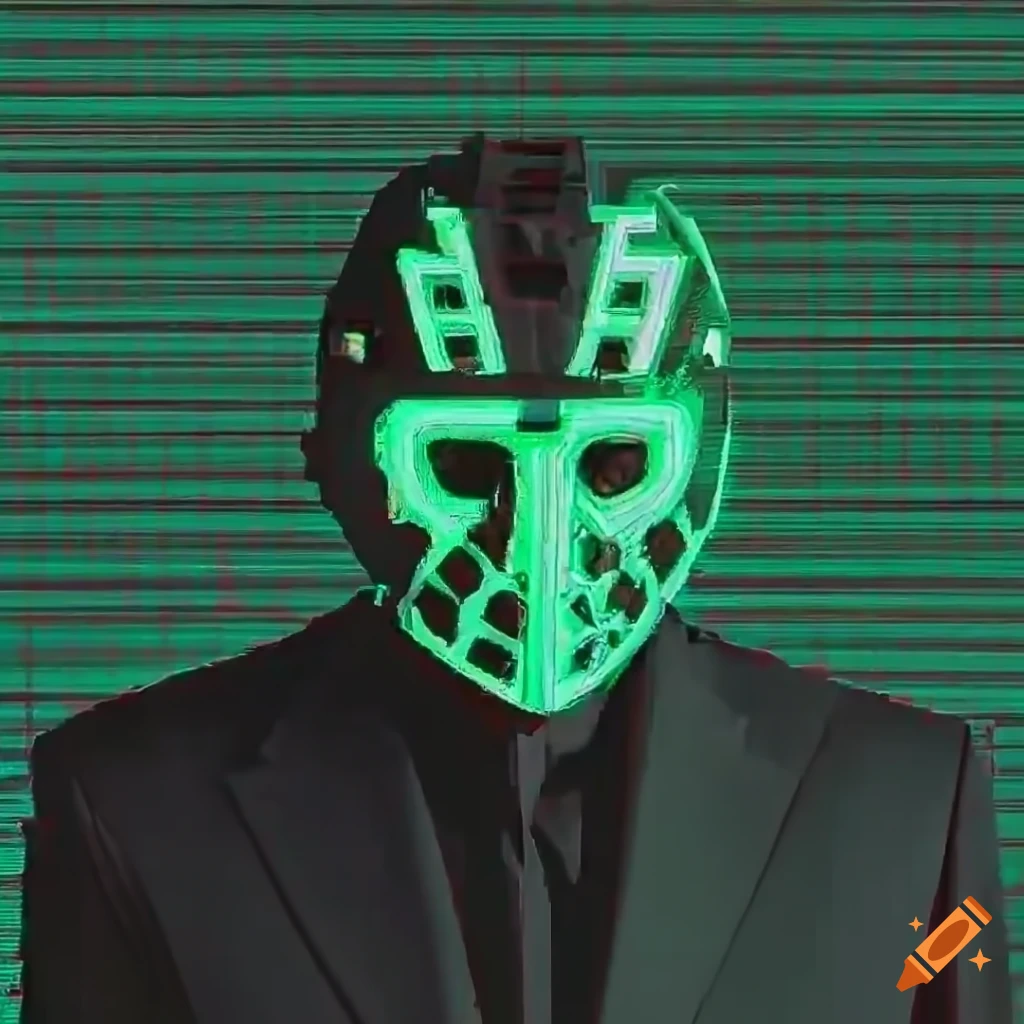 Man in black suit with neon mint green glowing hockey mask in 90s style ...