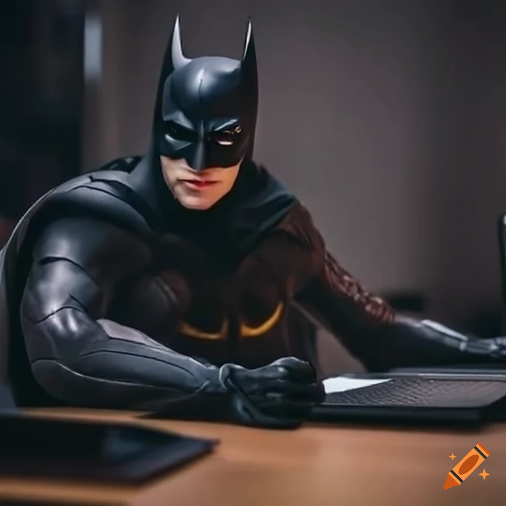 Batman working at a desk in an office environment on Craiyon