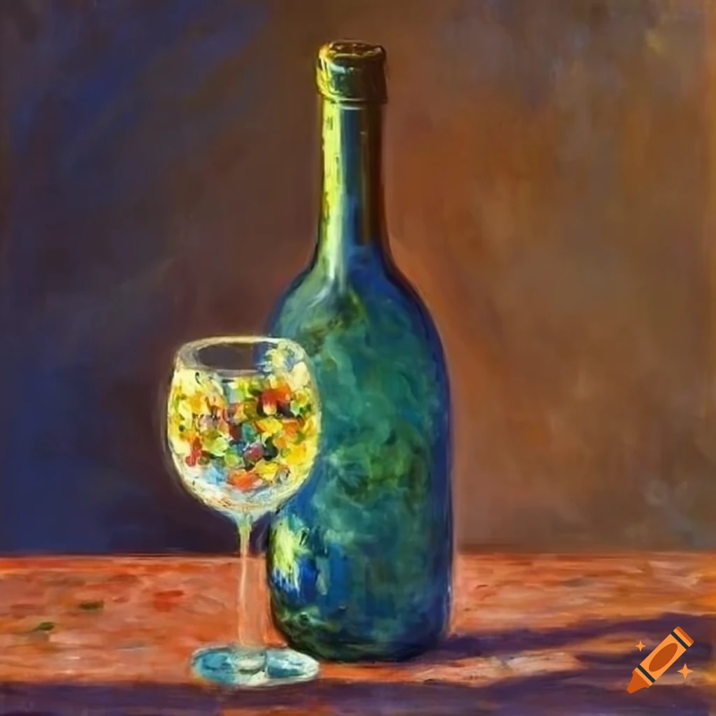 Wine bottle and glass painting by Claude Monet on Craiyon