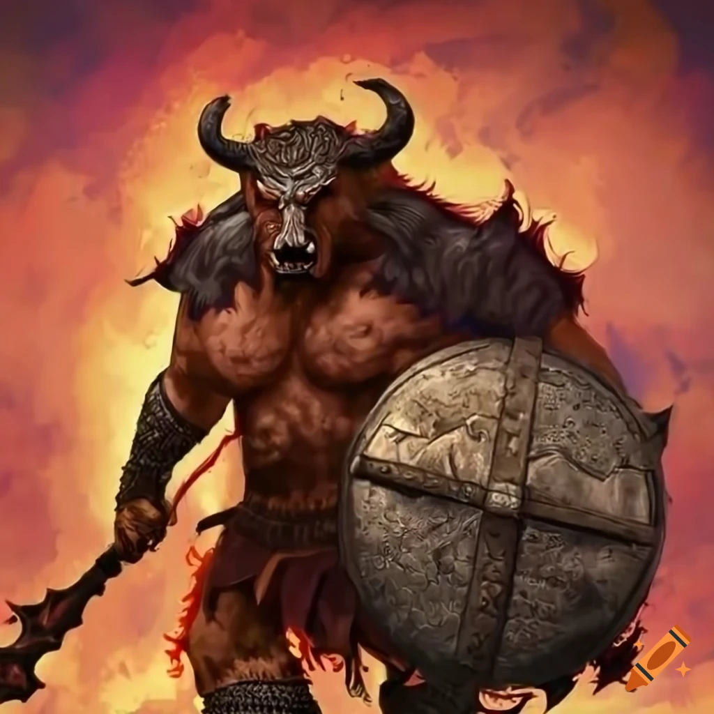 Detailed heraldic Minotaur in full armor with shield and flaming hammer ...