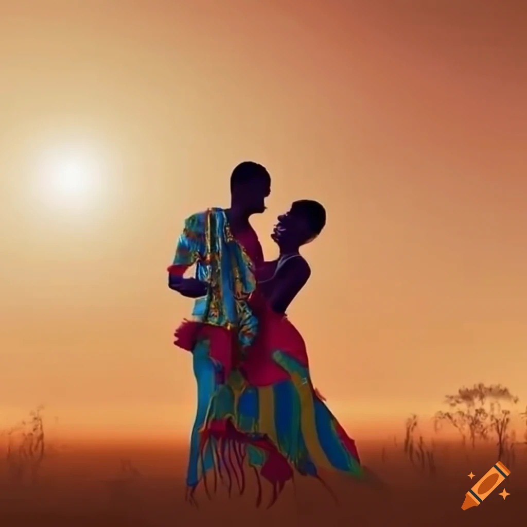 Romantic african couple dancing at sunset in the savanna on Craiyon