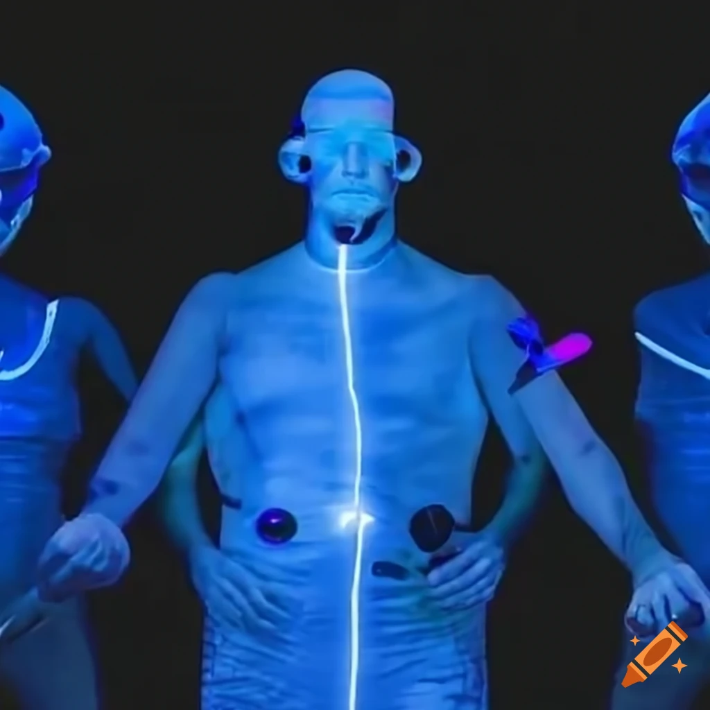 Blue man DJ with futuristic dancers in a y2k ambient setting on Craiyon