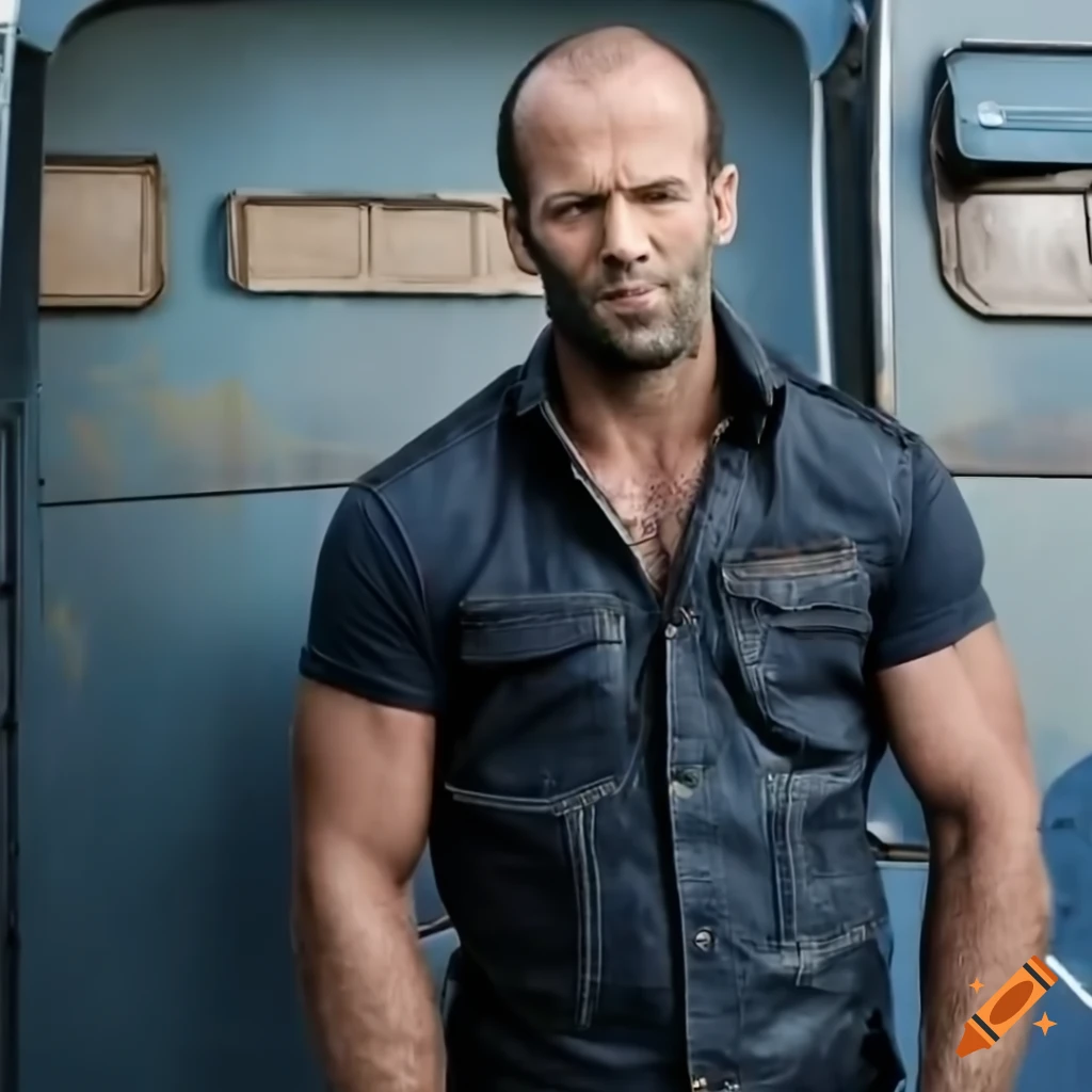 Closeup view resembling a young Jason Statham in outlaw biker style on ...