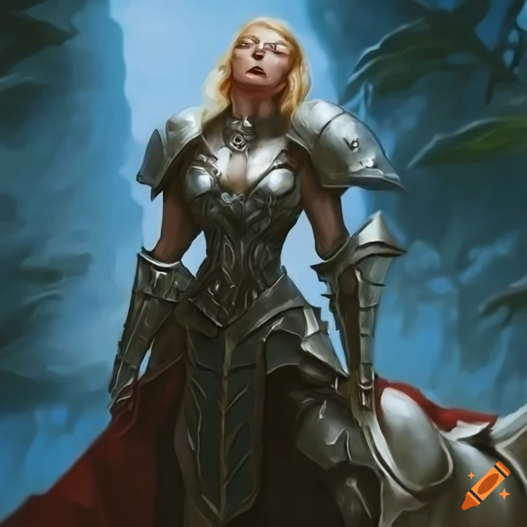 Blond muscular woman in full-body silver armor from magic the gathering ...
