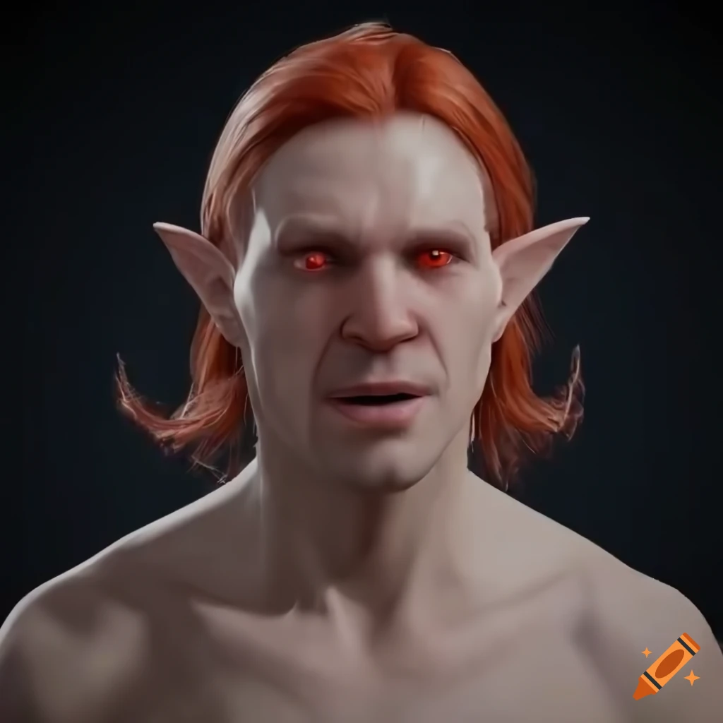 Pale elf man with long red hair and red eyes in a grey background on ...