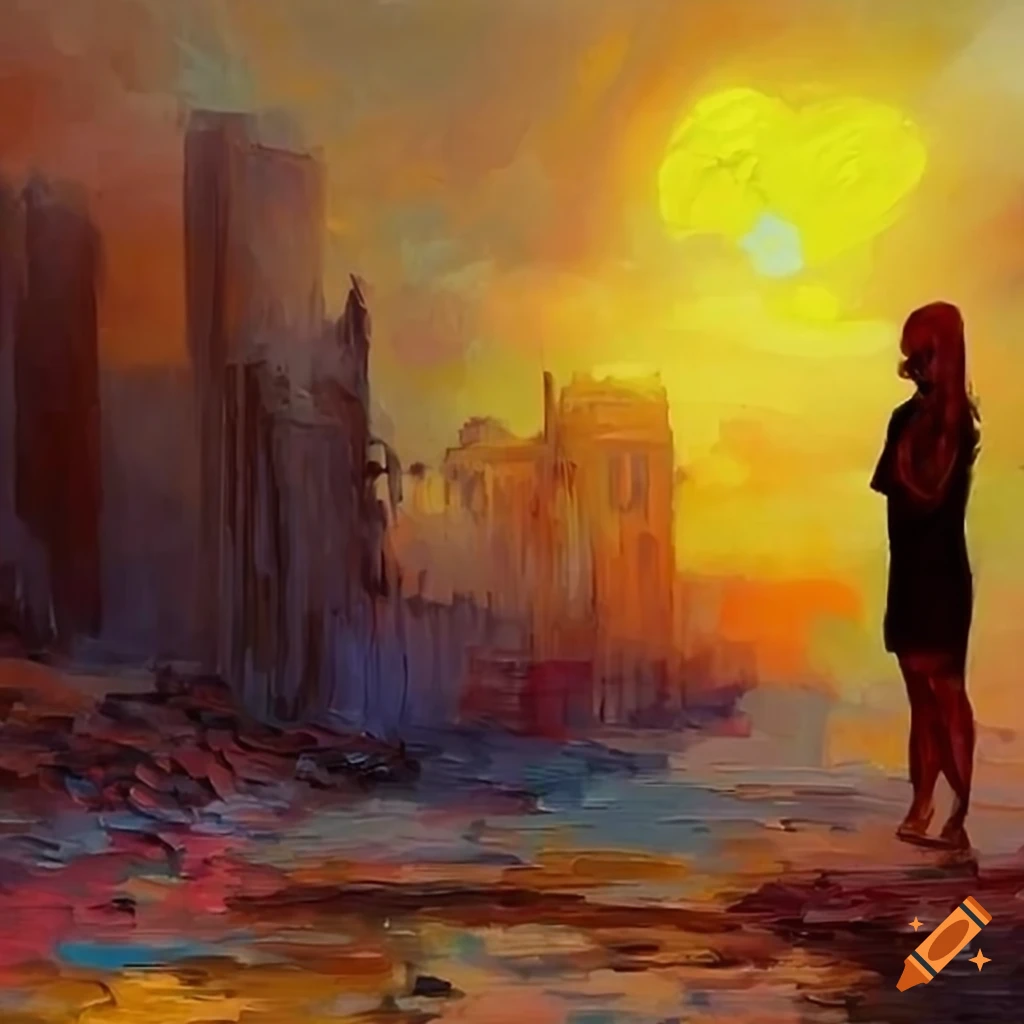 Oil painting of a sunset over a tsunami-devastated city with crumbling ...