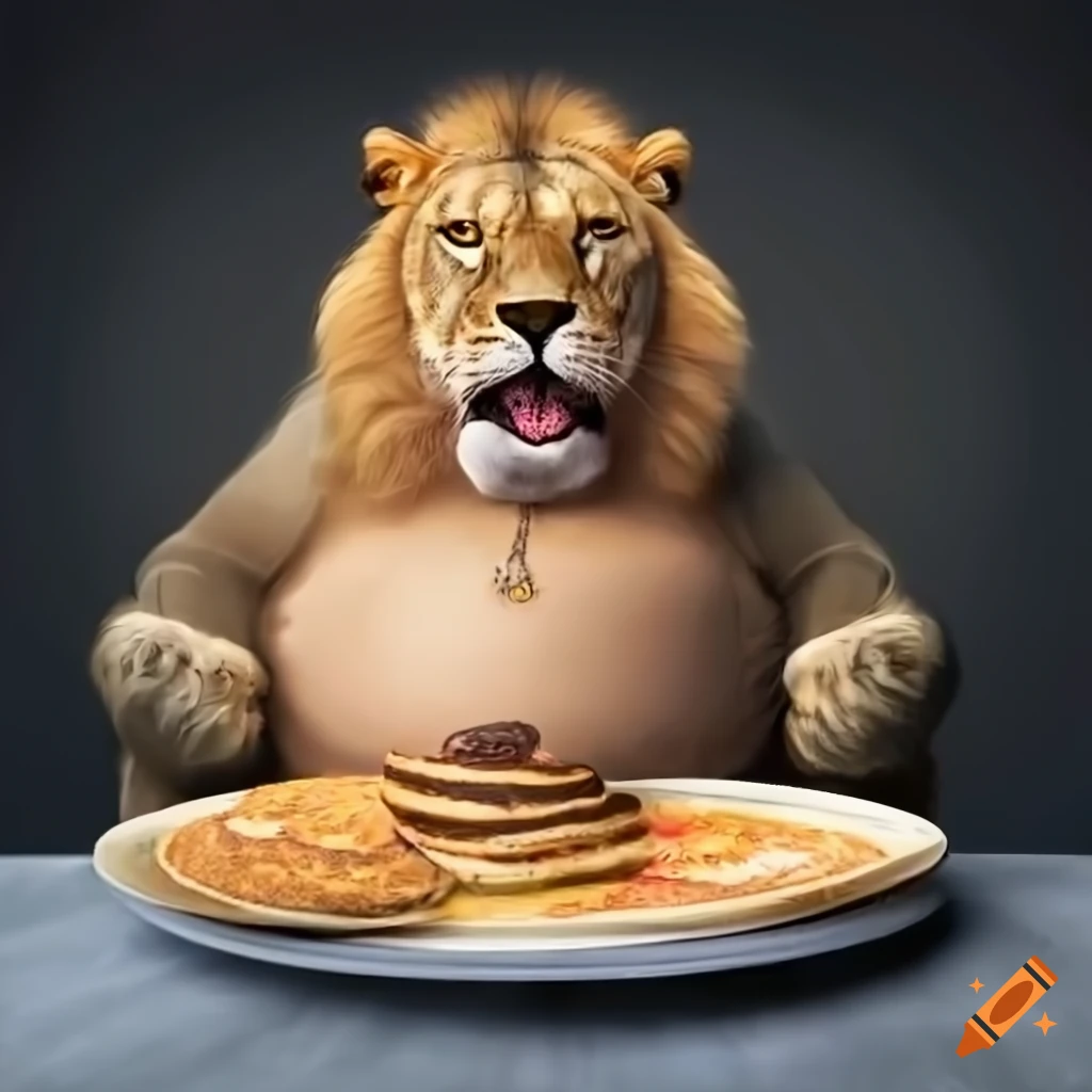 Funny fat lion eating pancakes at a table in a whimsical scene on Craiyon