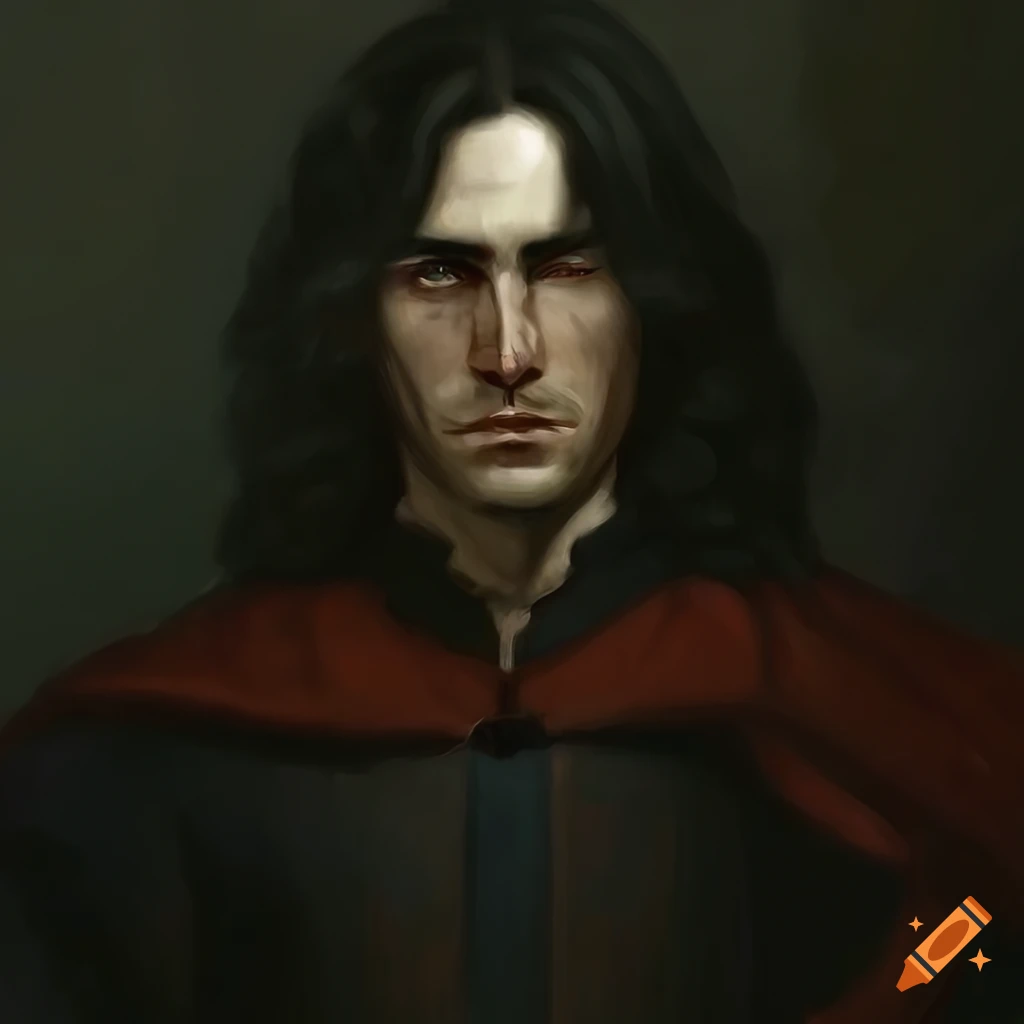 Medieval renaissance realistic painting of a young man with long dark ...