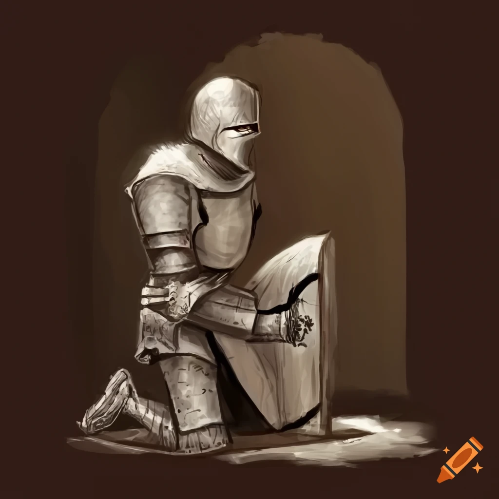 Knight kneeling at tomb in sepia-toned pencil sketch on Craiyon